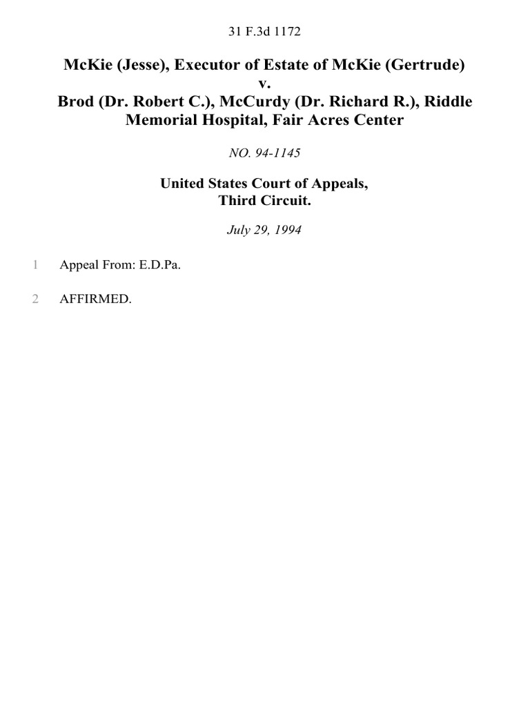 Mckie (Jesse), Executor of Estate of Mckie (Gertrude) V. Brod (Dr ...