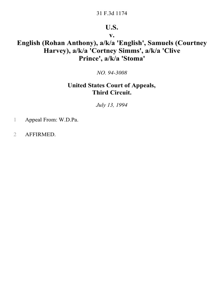 U.S. v. English (Rohan Anthony), A/k/a 'English', Samuels (Courtney ...