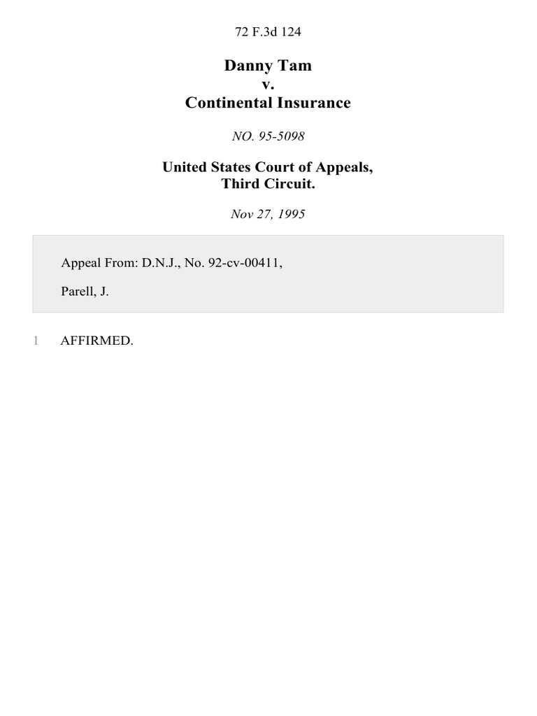 Danny Tam v. Continental Insurance, 72 F.3d 124, 3rd Cir. (1995) | PDF