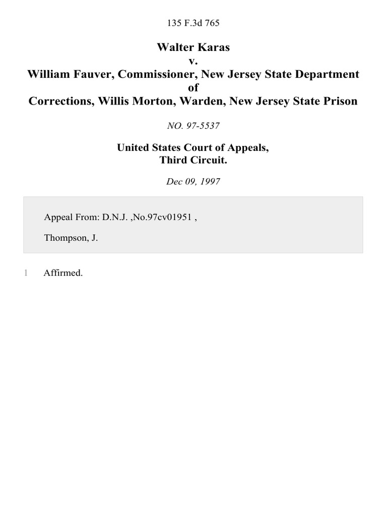 Walter Karas v. William Fauver, Commissioner, New Jersey State Department of Corrections, Willis ...
