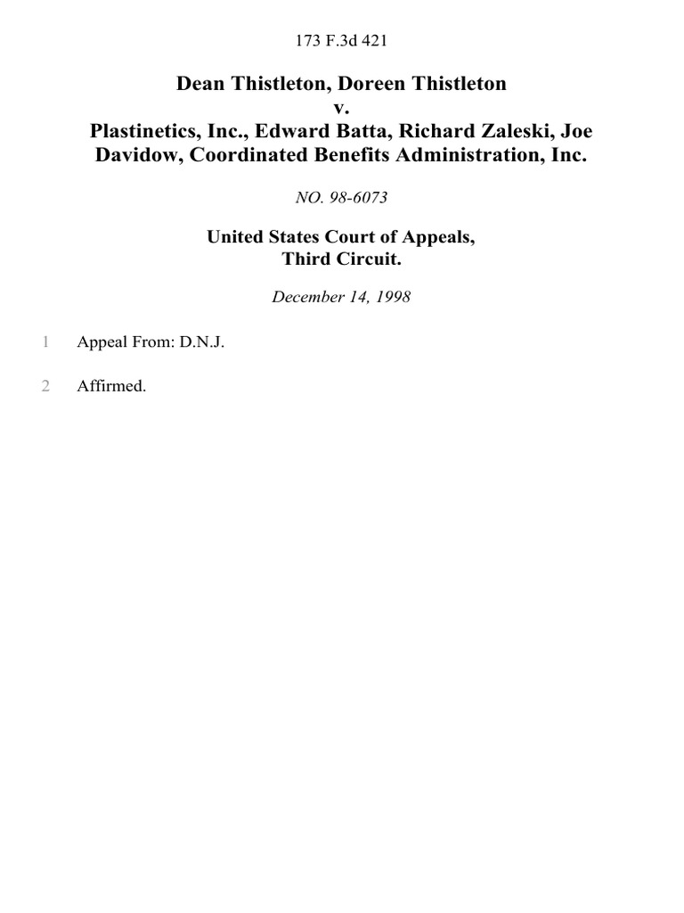 Dean Thistleton, Doreen Thistleton v. Plastinetics, Inc., Edward Batta ...