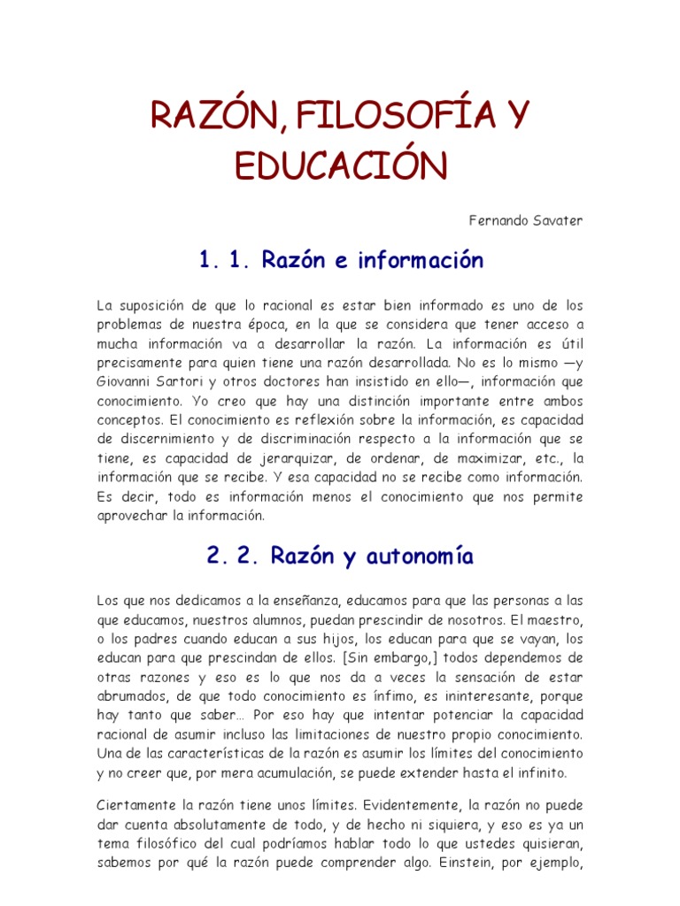 Razón, Filosofía y Educación: Savater | PDF | Razón | Conocimiento