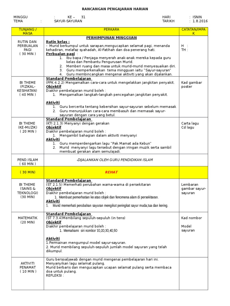 RPH Minggu 26 Sayur Sayuran | PDF