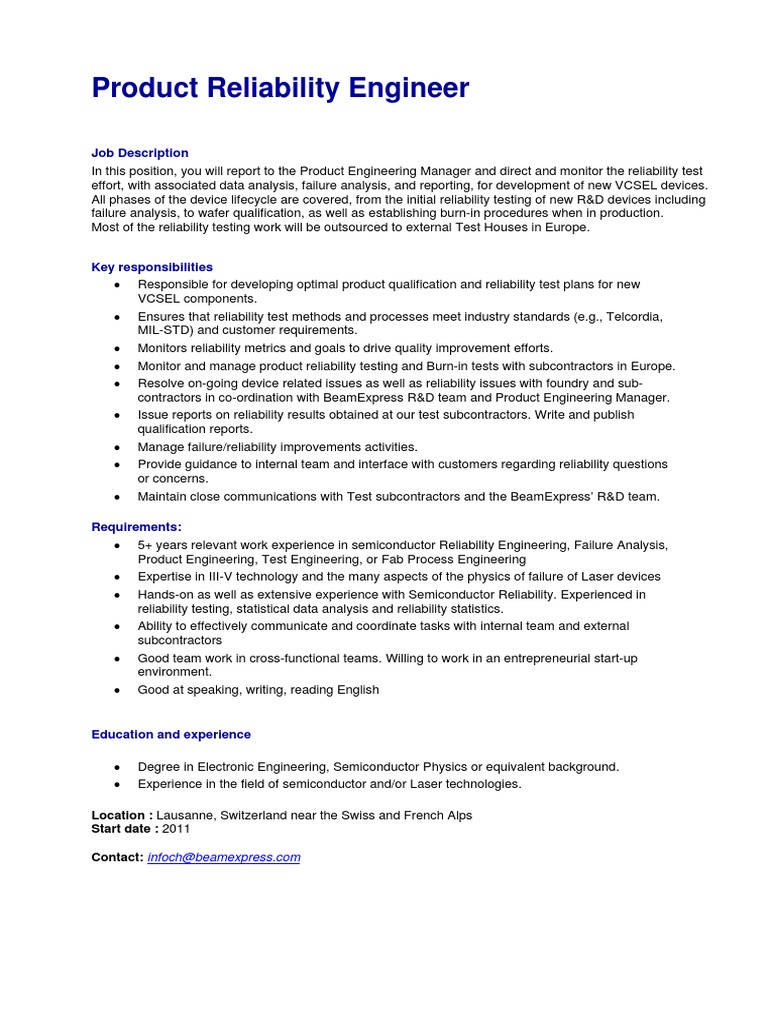 Product Reliability Engineer Role | PDF | Technology & Engineering
