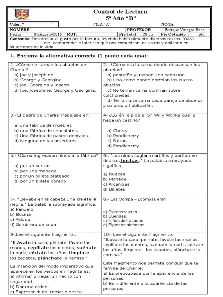 Control de Lectura Charlie y La Fabrica de Chocolate | PDF