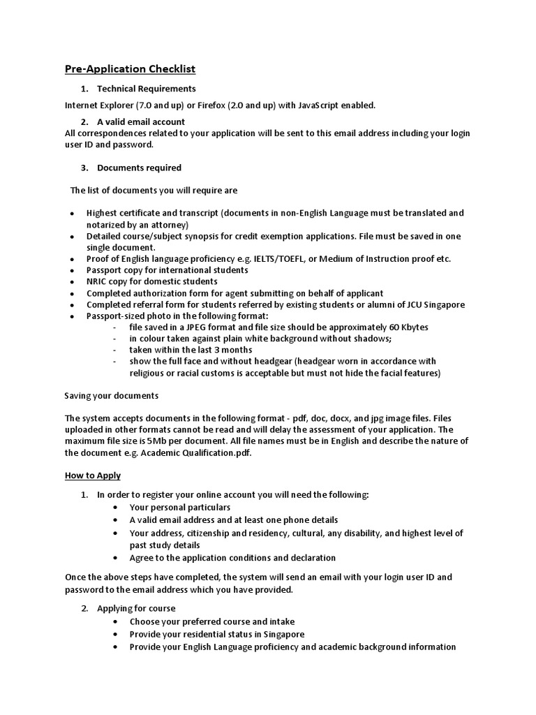 Pre-Application Checklist: 1. Technical Requirements 2. A Valid Email ...
