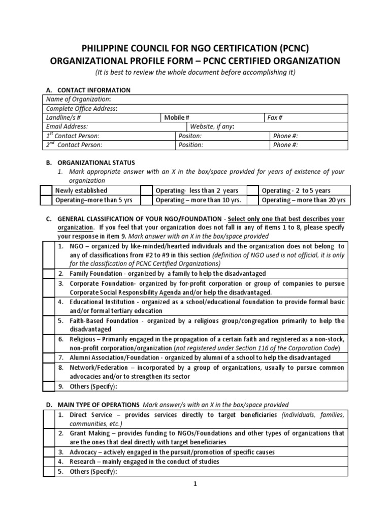 PCNC - Organizational Profile Form (March 2016) | PDF | Grant (Money ...