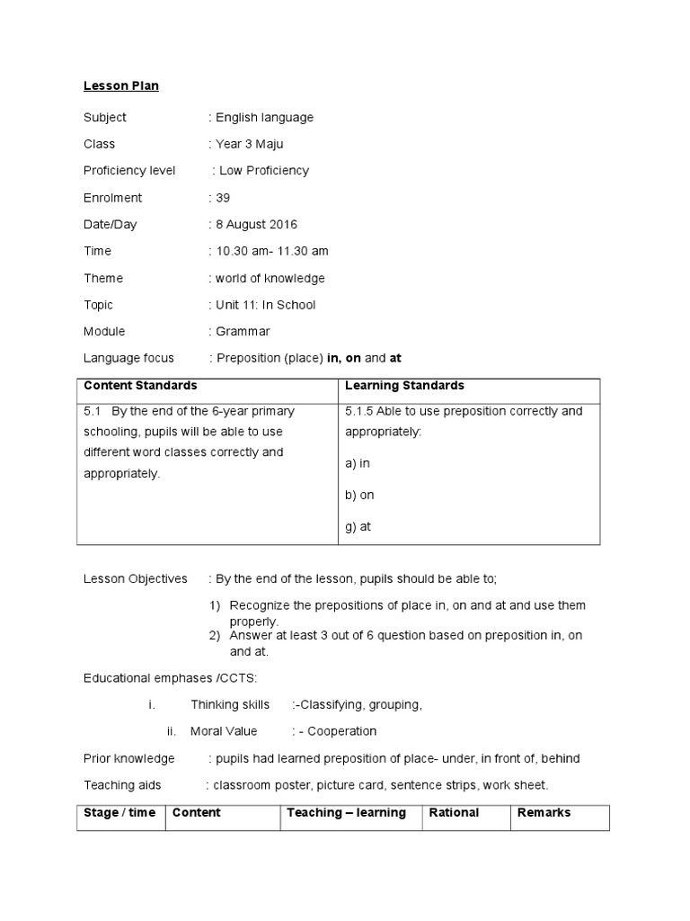 Teaching Prepositions: In, On, At | PDF | Lesson Plan | Education Theory