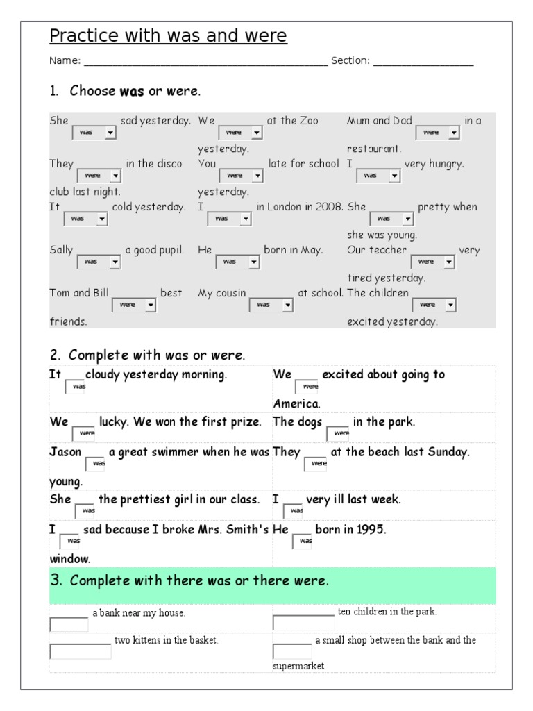 Practice Exercises for Was and Were | PDF