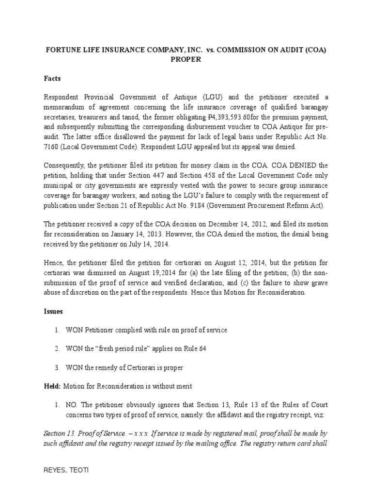 (028) Fortune Life Insurance Co., Inc. v. COA, G.R. No. 213525 ...