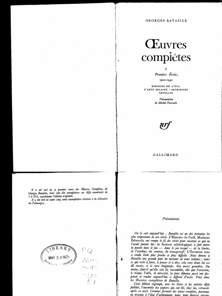Georges Bataille - Oeuvres Completes - Tome 1 PDF | PDF