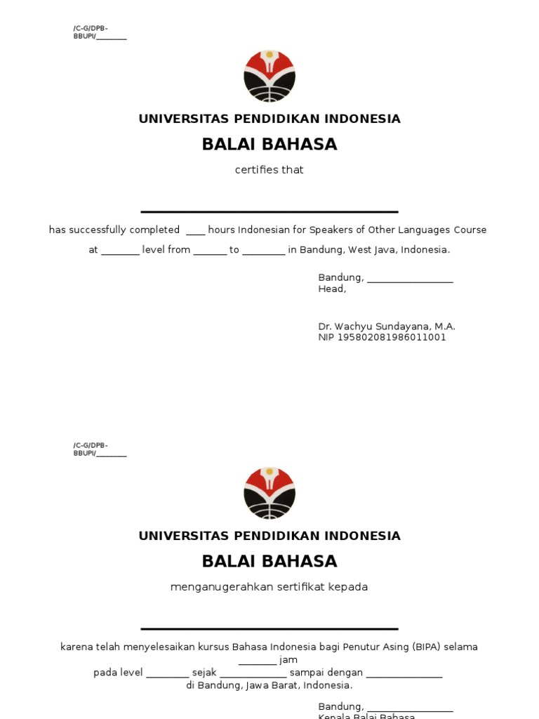 1 Format Sertifikat BIPA UMUM, Darmasiswa Dan KNB Satu Program | PDF