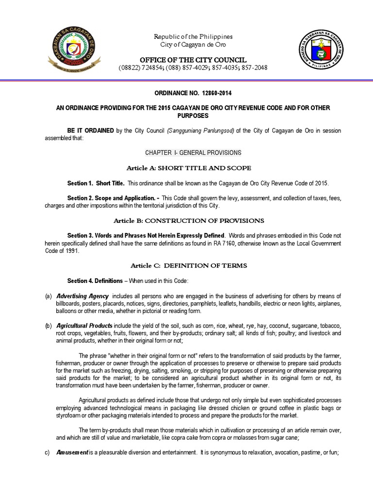 Cagayan de Oro Revenue Code of 2015 | PDF | Legal Personality | Taxes