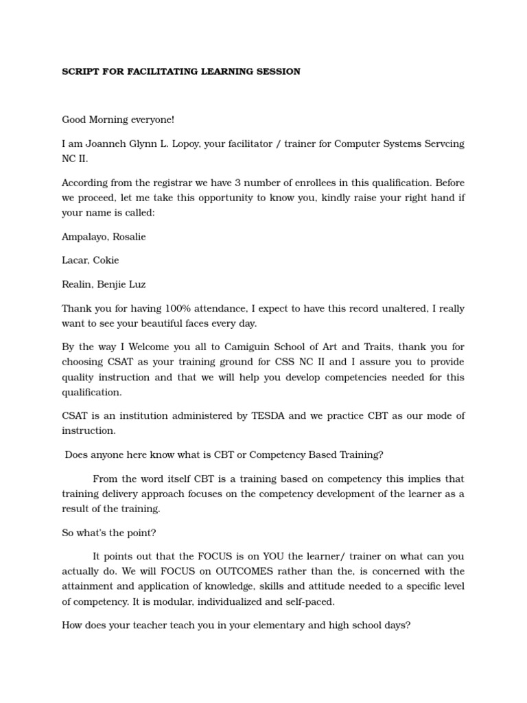Script For Facilitating Learning Session | PDF | Educational Technology | Facilitator