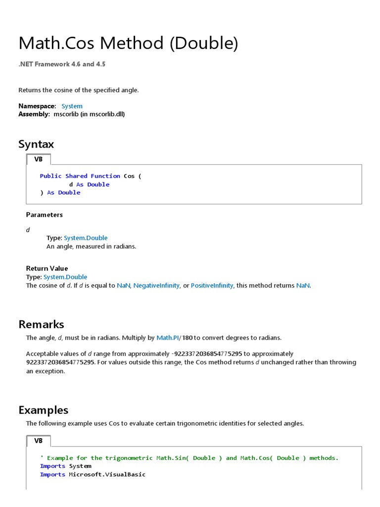Math.Cos Method Trigonometric Examples | PDF | Trigonometric Functions ...