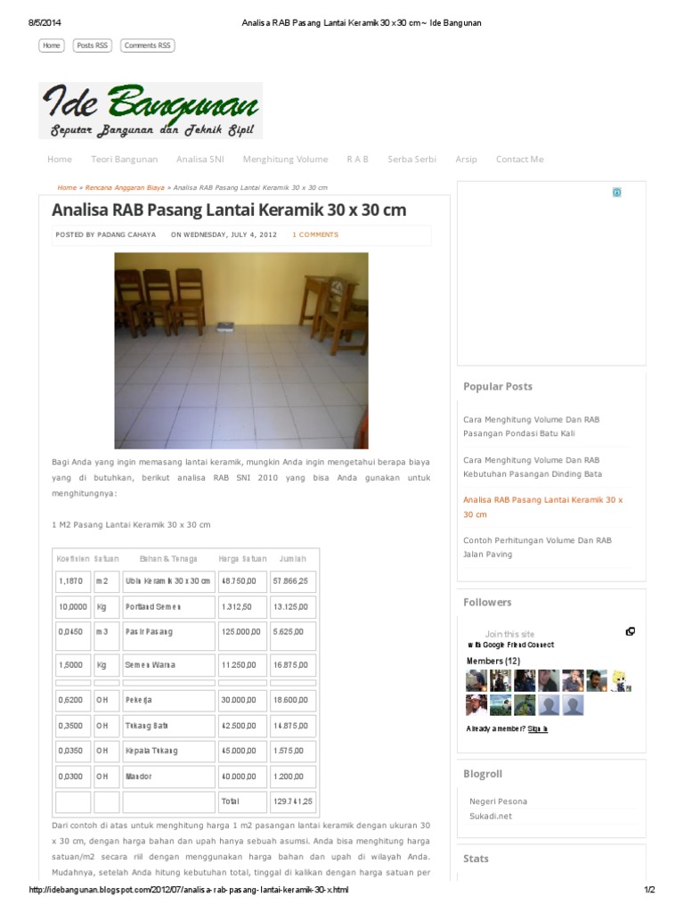 Analisa RAB Pasang Lantai Keramik 30 X 30 CM Ide Bangunan | PDF