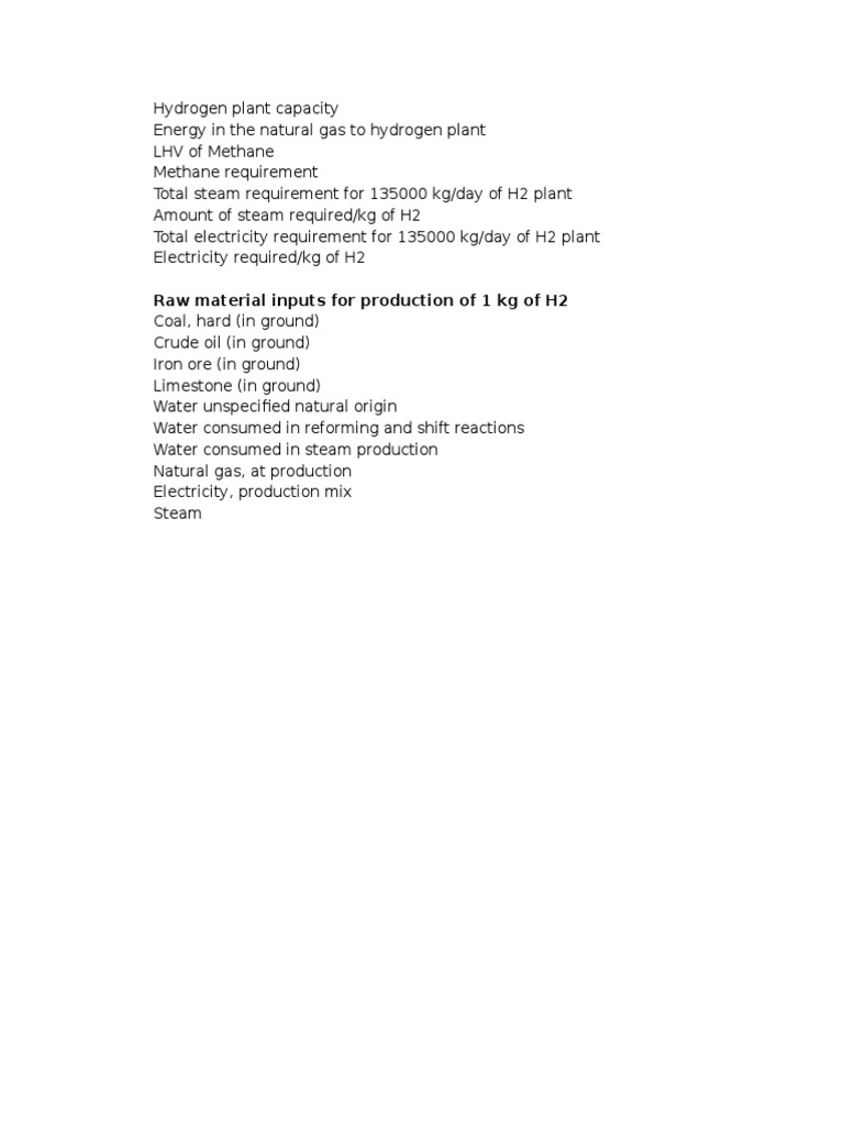 Raw Material Inputs For Production of 1 KG of H2 | PDF
