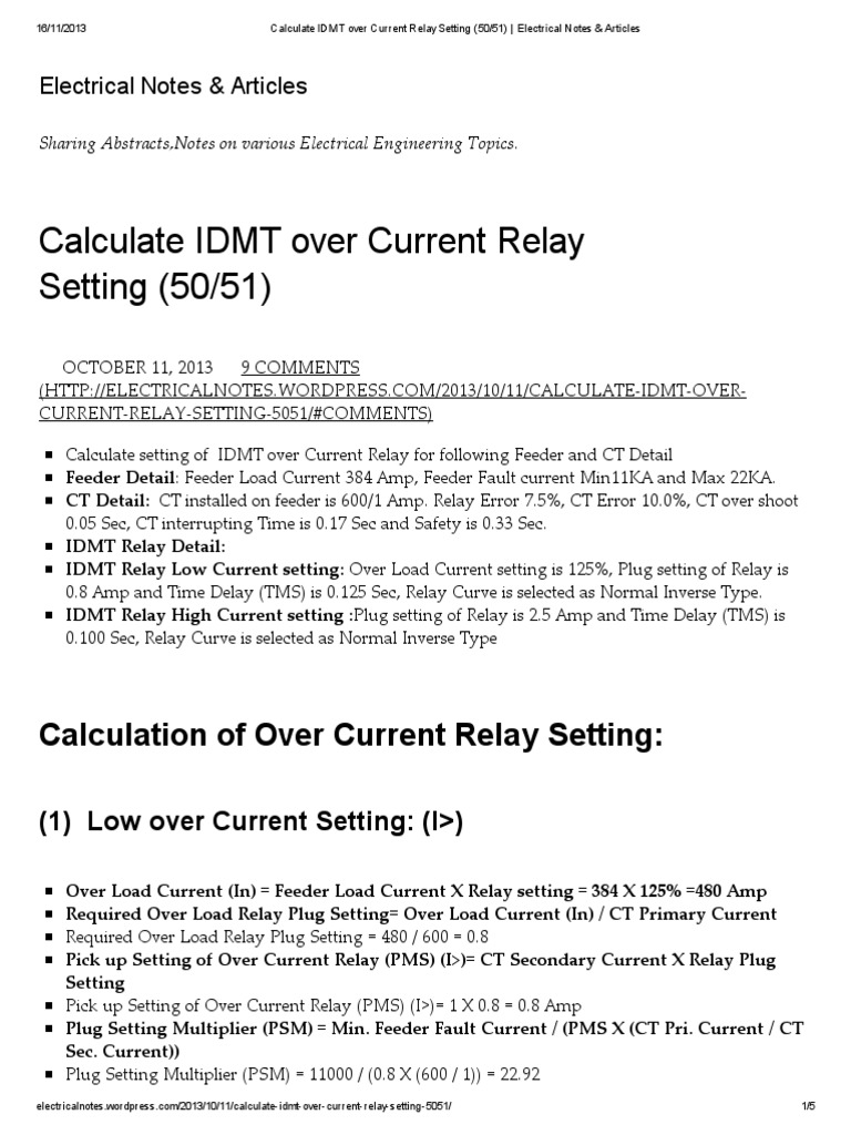Calculate IDMT Over Current Relay Setting 50 51 Electrical Notes ... Calculate IDMT Over Current Relay Setting 50 51 Electrical Notes ...