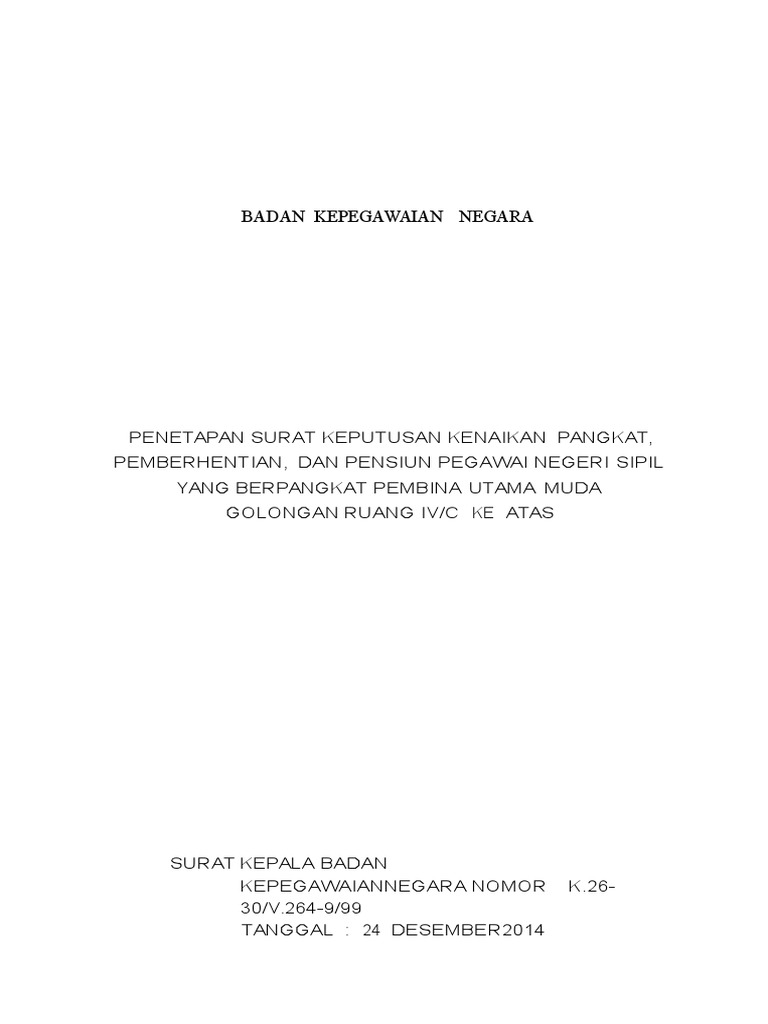 Surat Kepala BKN Nomor K.26 30 V.264 9 99 Penetapan Surat Keputusan Kenaikan Pangkat ...