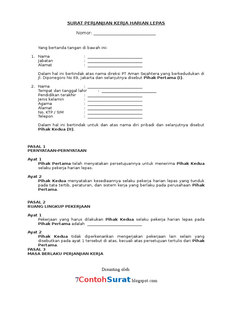 Contoh Surat Perjanjian Kerja Harian Lepas | PDF