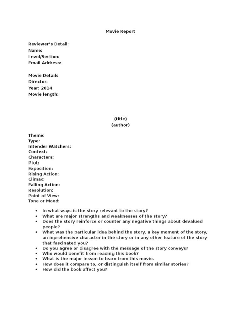 Movie Report Reviewer's Detail: Name: Level/Section: Email Address ...