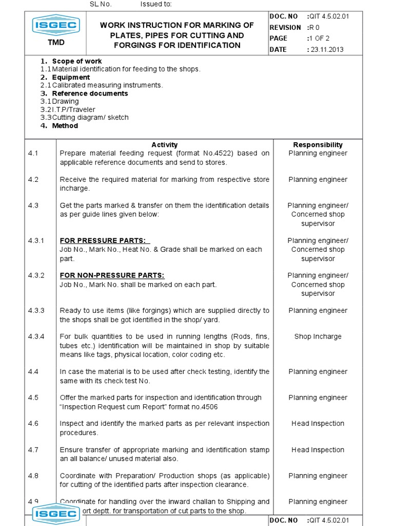 Work Instruction For Marking of Plates, Pipes For Cutting and Forgings ...