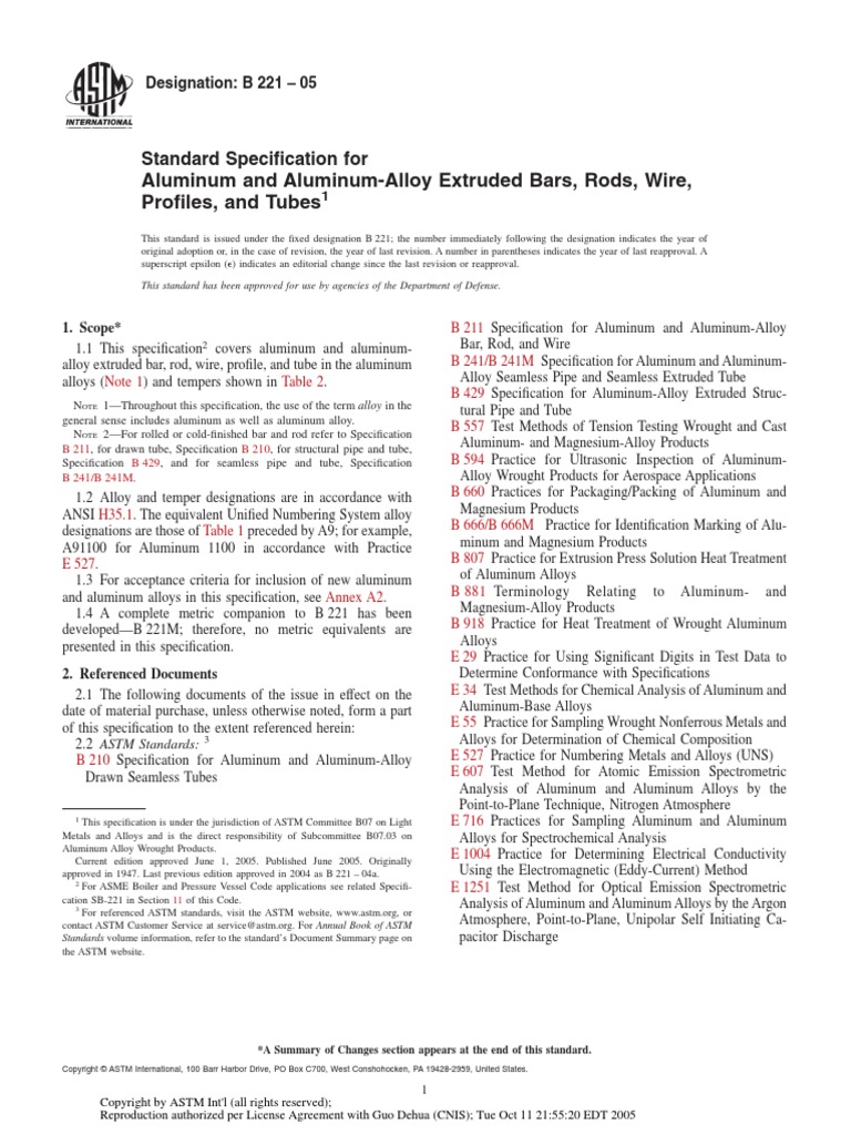 Astm B 221 - 05 | PDF | Heat Treating | Strength Of Materials