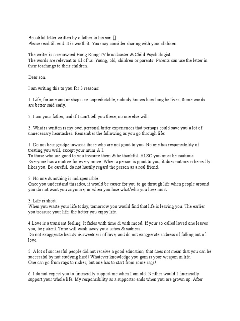 Beautiful Letter Written by A Father To His Son ? | PDF