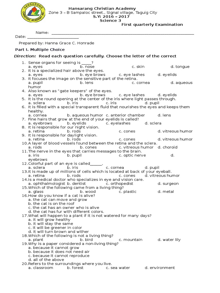 Part I. Multiple Choice: Direction: Read Each Question Carefully ...