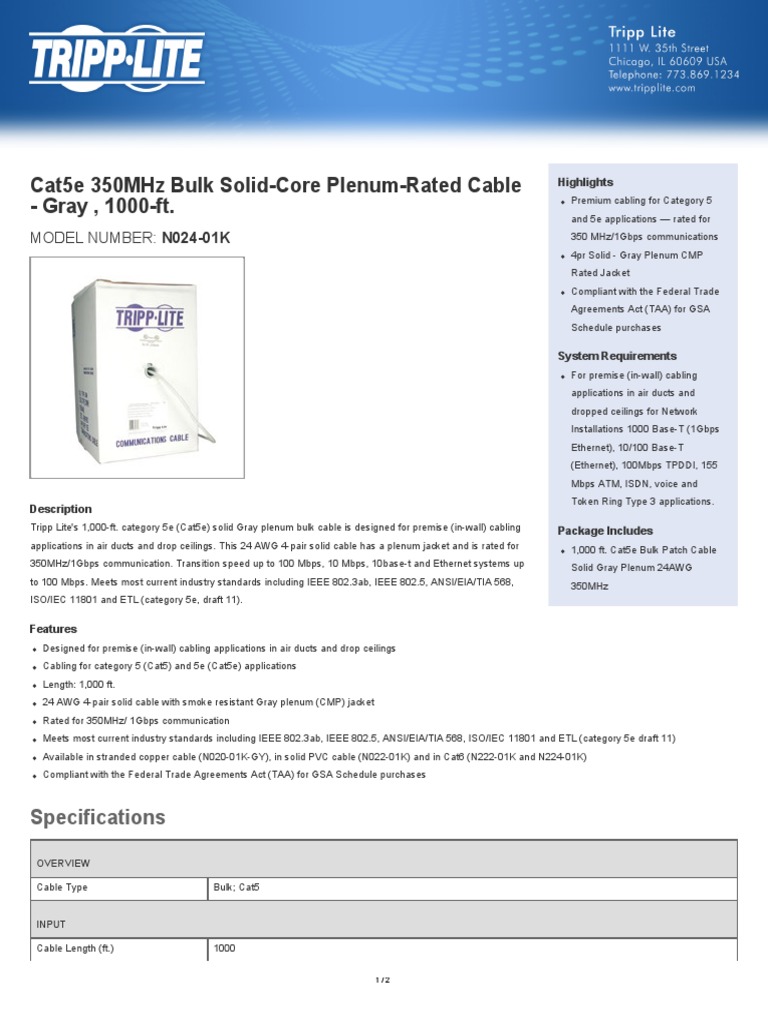 Cat5E 350Mhz Bulk Solid-Core Plenum-Rated Cable - Gray, 1000-Ft | PDF