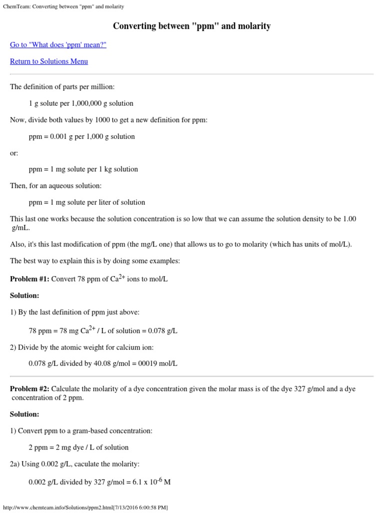 Convert ppm to Molarity Guide | PDF | Molar Concentration | Parts Per ...