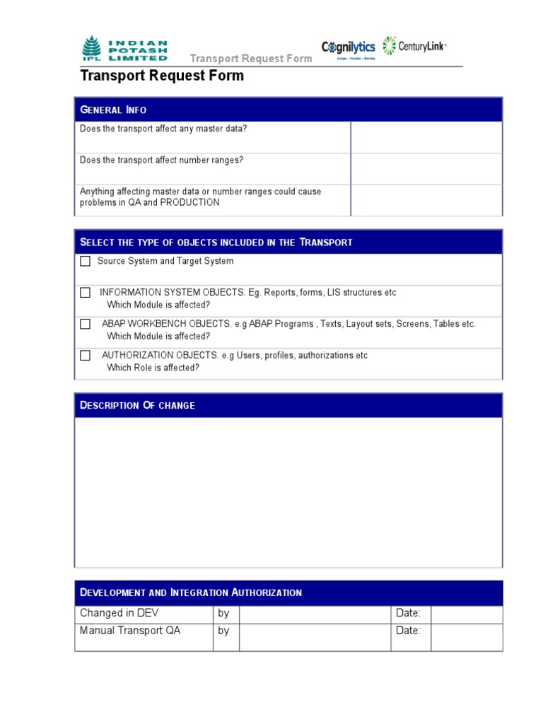 IPL-SAP Transport Request Form Template | PDF
