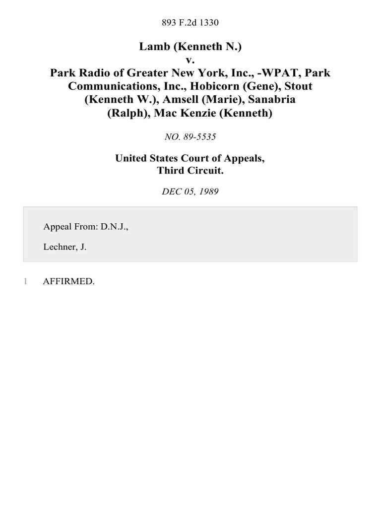 Lamb (Kenneth N.) v. Park Radio of Greater New York, Inc., -Wpat, Park ...