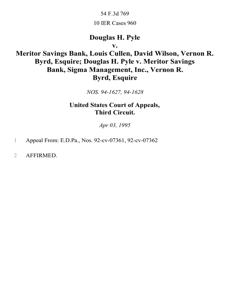 Douglas H. Pyle v. Meritor Savings Bank, Louis Cullen, David Wilson, Vernon R. Byrd, Esquire ...