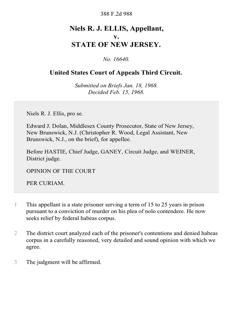 Niels R J Ellis V State Of New Jersey 388 F2d 988 3rd Cir 1968 Pdf