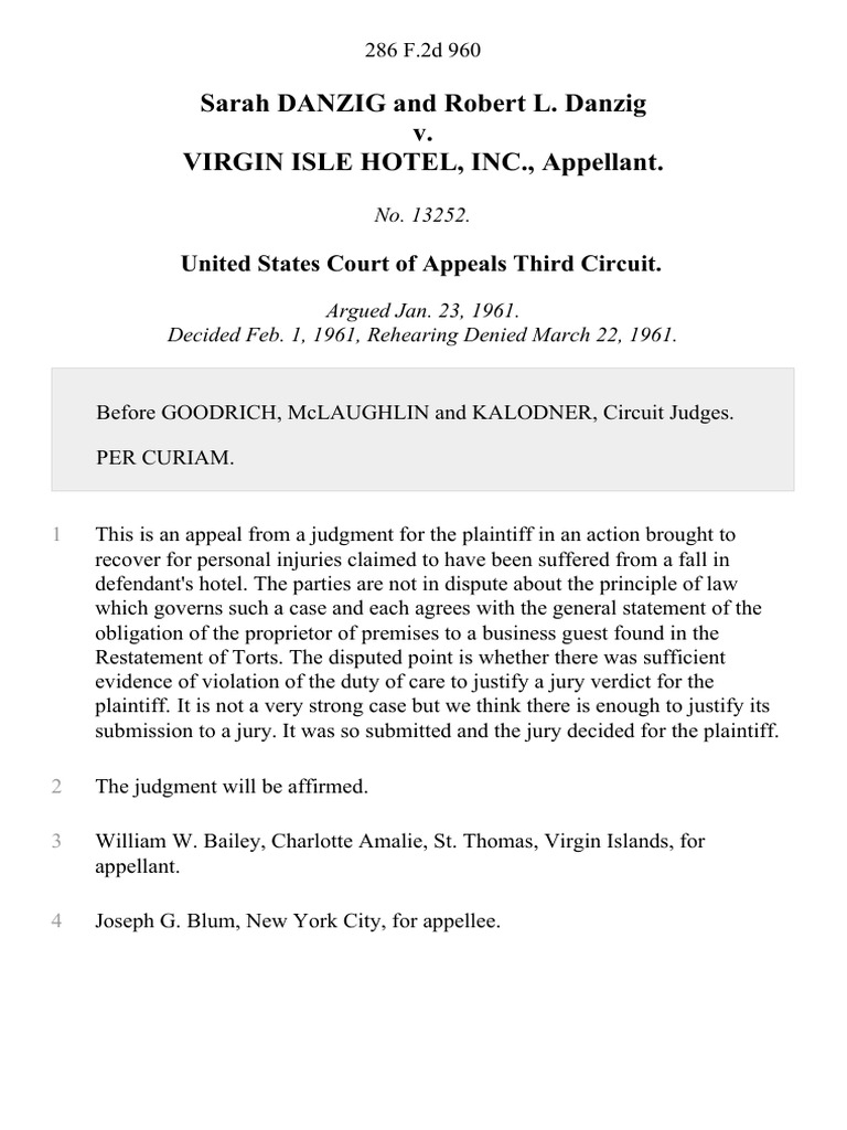 Sarah Danzig and Robert L. Danzig v. Virgin Isle Hotel, Inc., 286 F.2d ...