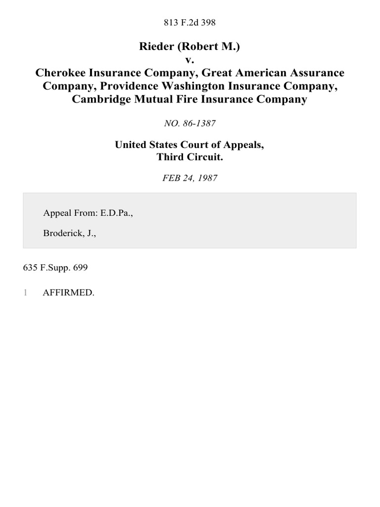Rieder (Robert M.) v. Cherokee Insurance Company, Great American ...