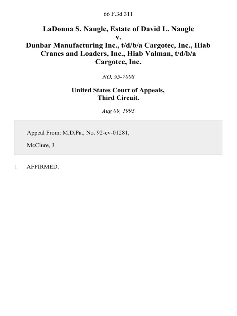Ladonna S. Naugle, Estate of David L. Naugle v. Dunbar Manufacturing ...
