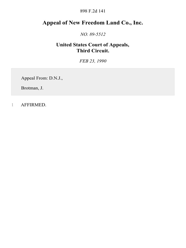 Appeal of New Freedom Land Co., Inc, 898 F.2d 141, 3rd Cir. (1990) | PDF