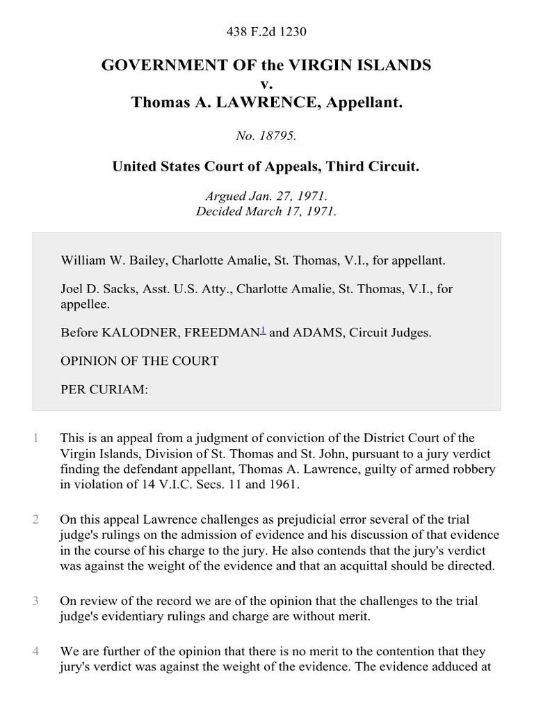 Government of The Virgin Islands v. Thomas A. Lawrence, 438 F.2d 1230 ...