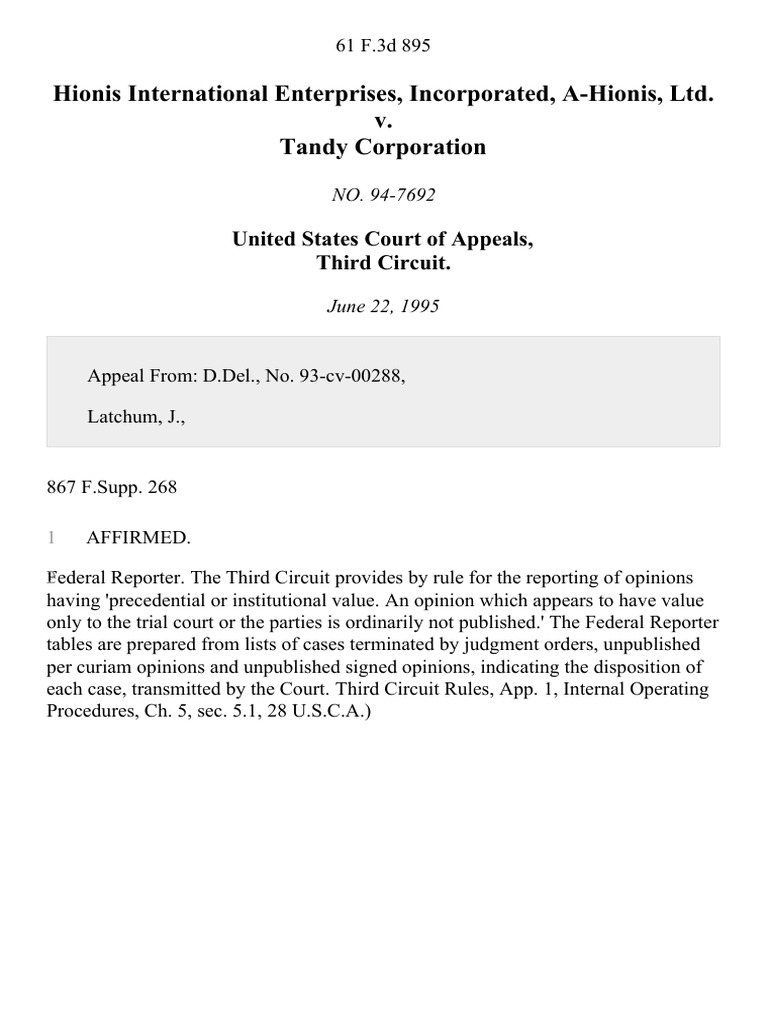 Hionis Int'l Enterprises v. Tandy Corp. Appeal | PDF | Politics ...