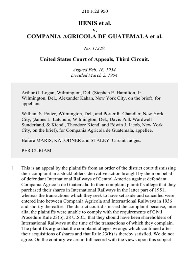 Henis v. Compania Agricola de Guatemala, 210 F.2d 950, 3rd Cir. (1954) | PDF