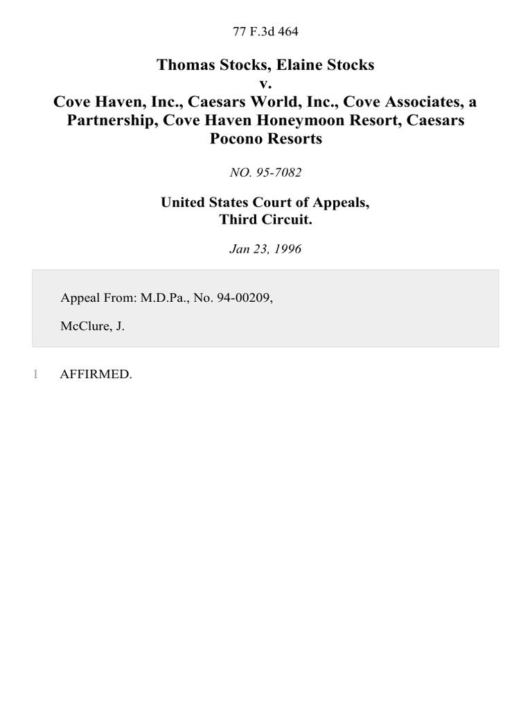 Thomas Stocks, Elaine Stocks v. Cove Haven, Inc., Caesars World, Inc ...
