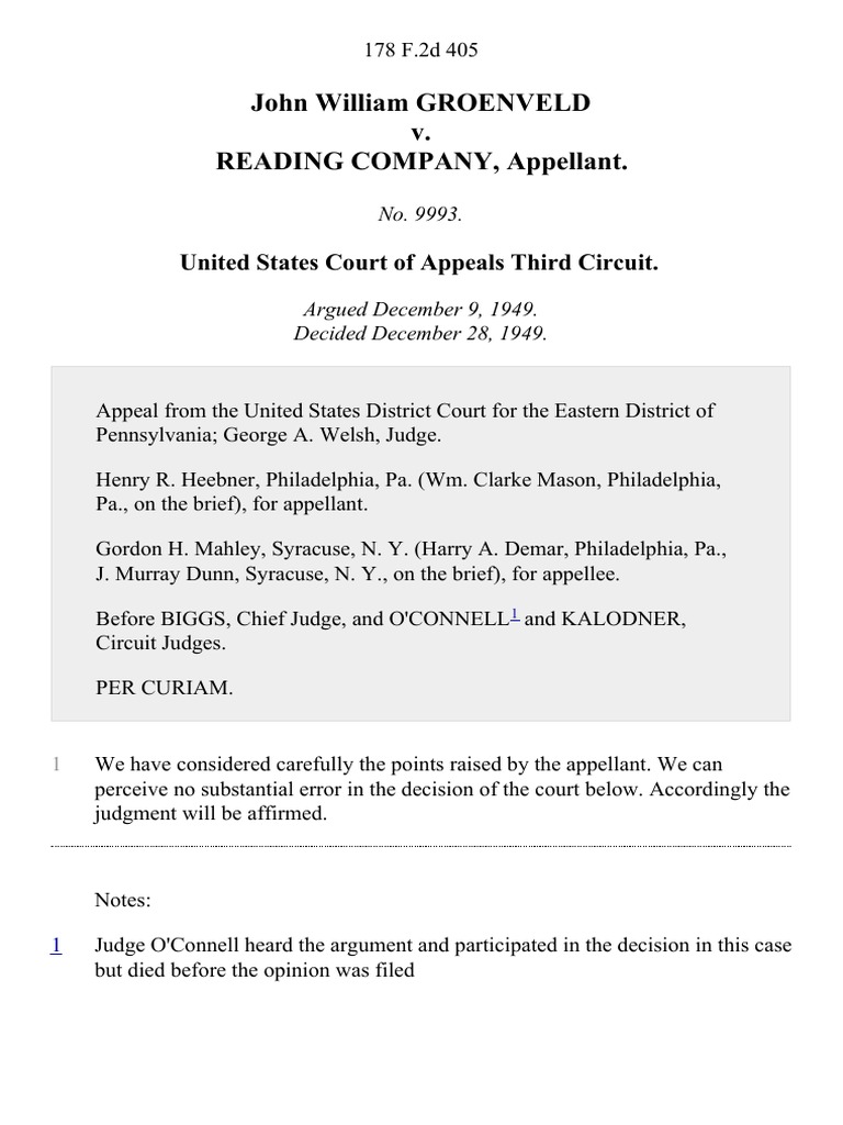 John William Groenveld v. Reading Company, 178 F.2d 405, 3rd Cir. (1949) | PDF