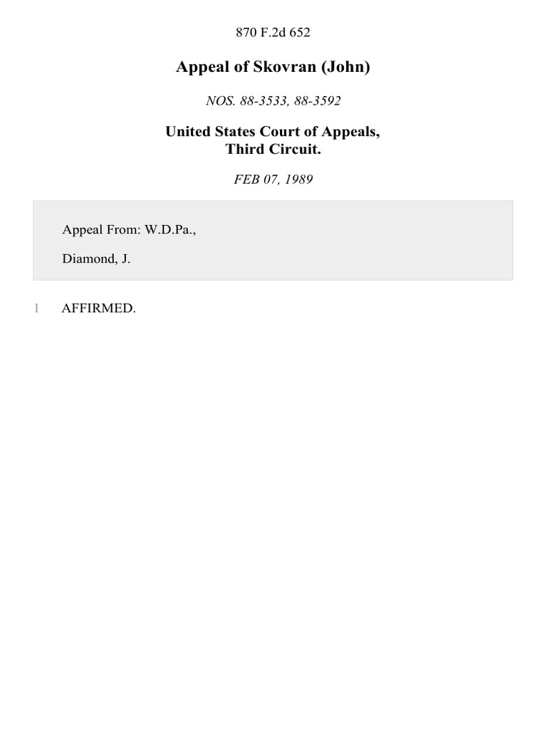 Appeal of Skovran (John), 870 F.2d 652, 3rd Cir. (1989) | PDF