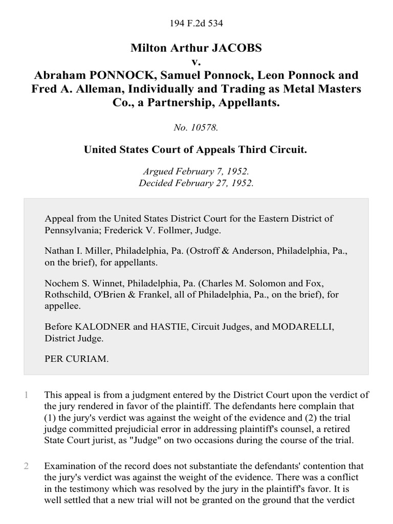Milton Arthur Jacobs v. Abraham Ponnock, Samuel Ponnock, Leon Ponnock ...