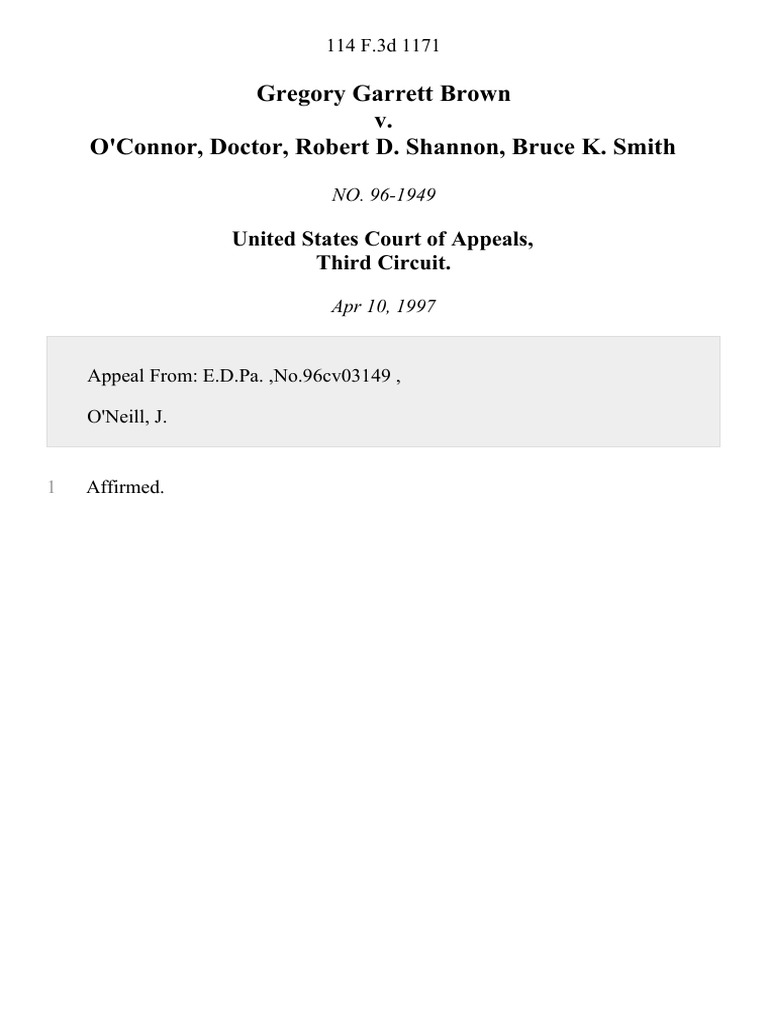 Gregory Garrett Brown v. O'connor, Doctor, Robert D. Shannon, Bruce K. Smith, 114 F.3d 1171, 3rd ...