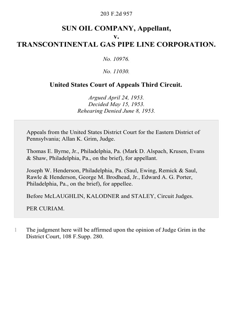 Sun Oil Company v. Transcontinental Gas Pipe Line Corporation, 203 F.2d ...