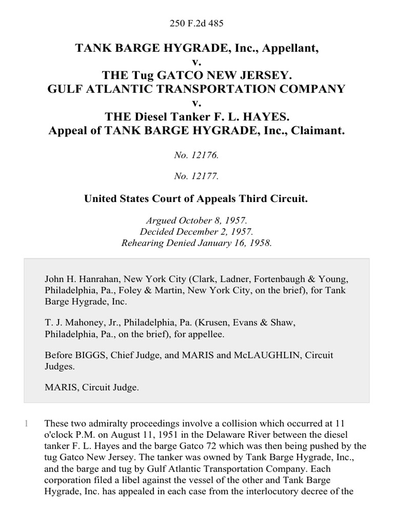 Tank Barge Hygrade, Inc. v. The Tug Gatco New Jersey. Gulf Atlantic ...