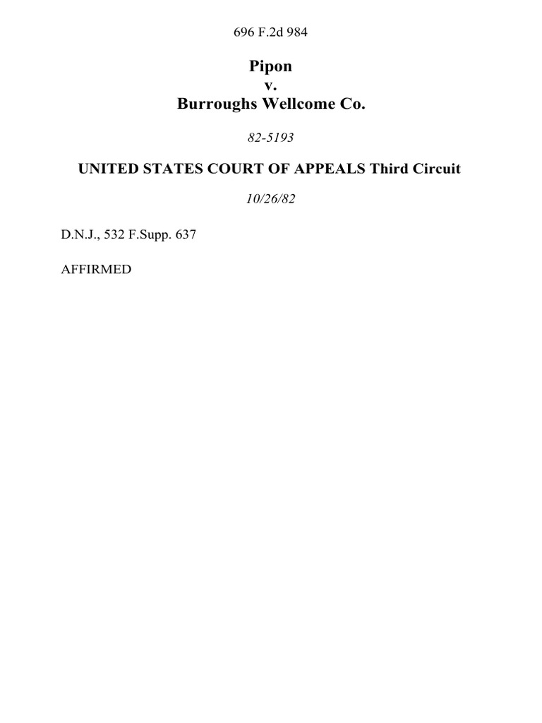 Pipon v. Burroughs Wellcome Co, 696 F.2d 984, 3rd Cir. (1982) | PDF